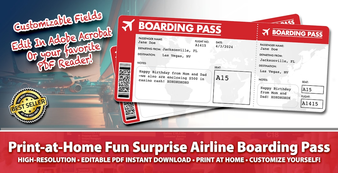 Airline Boarding Pass Print-at-home, Surprise Trip, Fun Plane Ticket ...