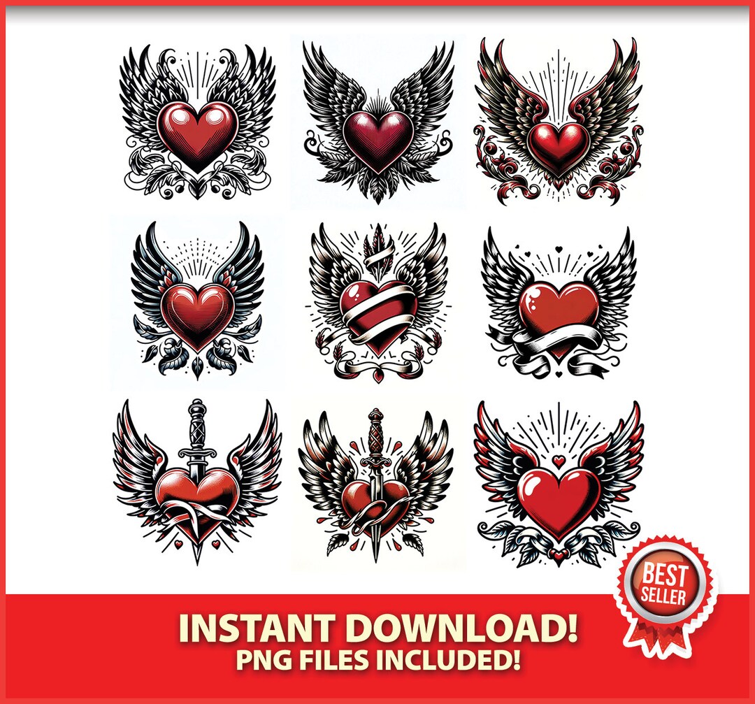 Tattoo Traditional Heart PNG Bundle Love Valentine's Day Tattoo Sheet ...