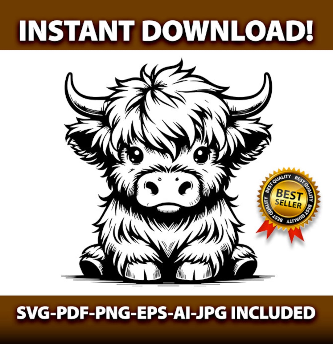 Cute Highland Cow Sitting SVG-PNG-JPG, Cow, Cute Cow, Baby Cow ...