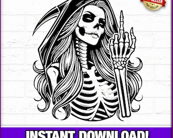 Female Grim Reaper Skeleton Cut Files EPS-SVG-PNG, Middle Finger Skull ...