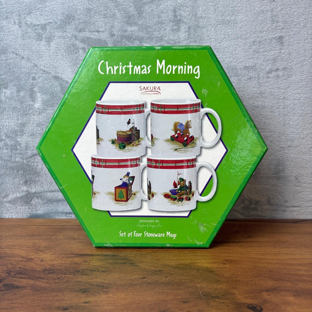 4 Sakura Christmas Morning Stoneware Mugs in Box Drum Pony Jack in the ...