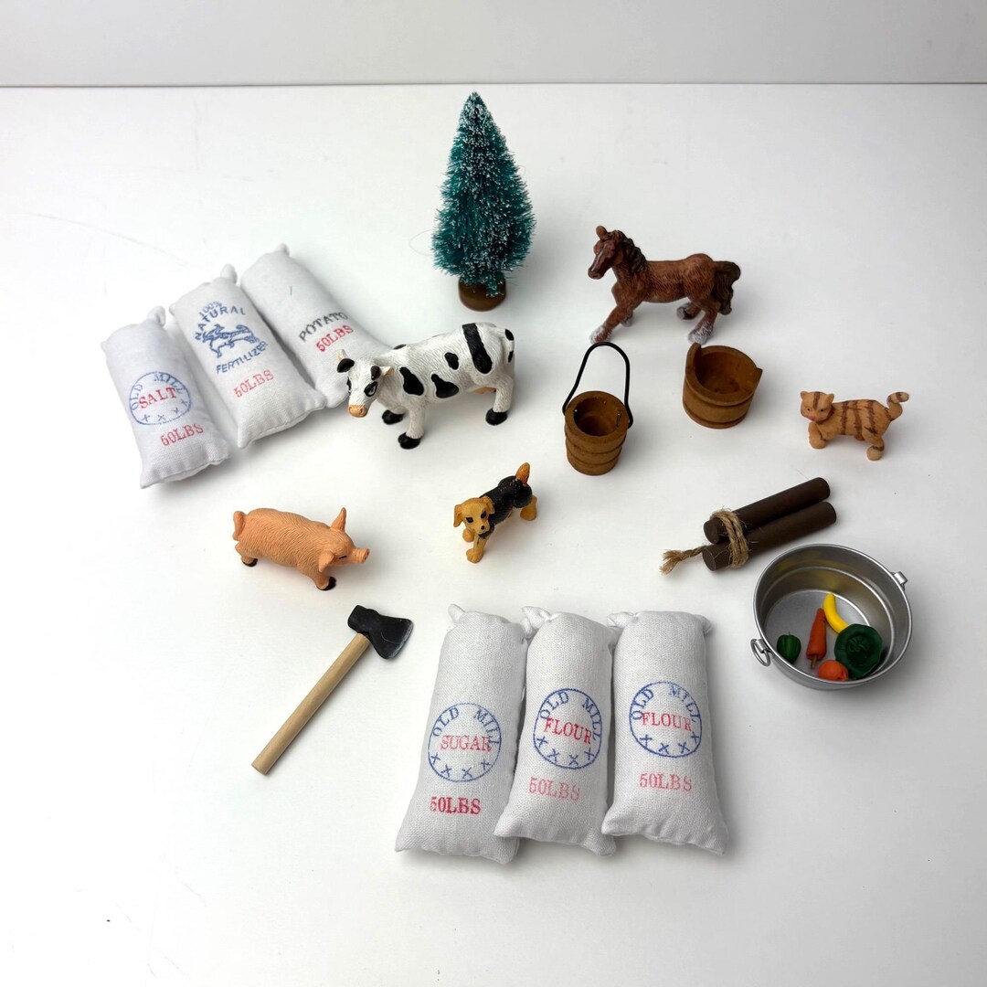 VTG Miniature Farm Animals Flour Sugar Salt Potato Sacks Ax Bucket ...