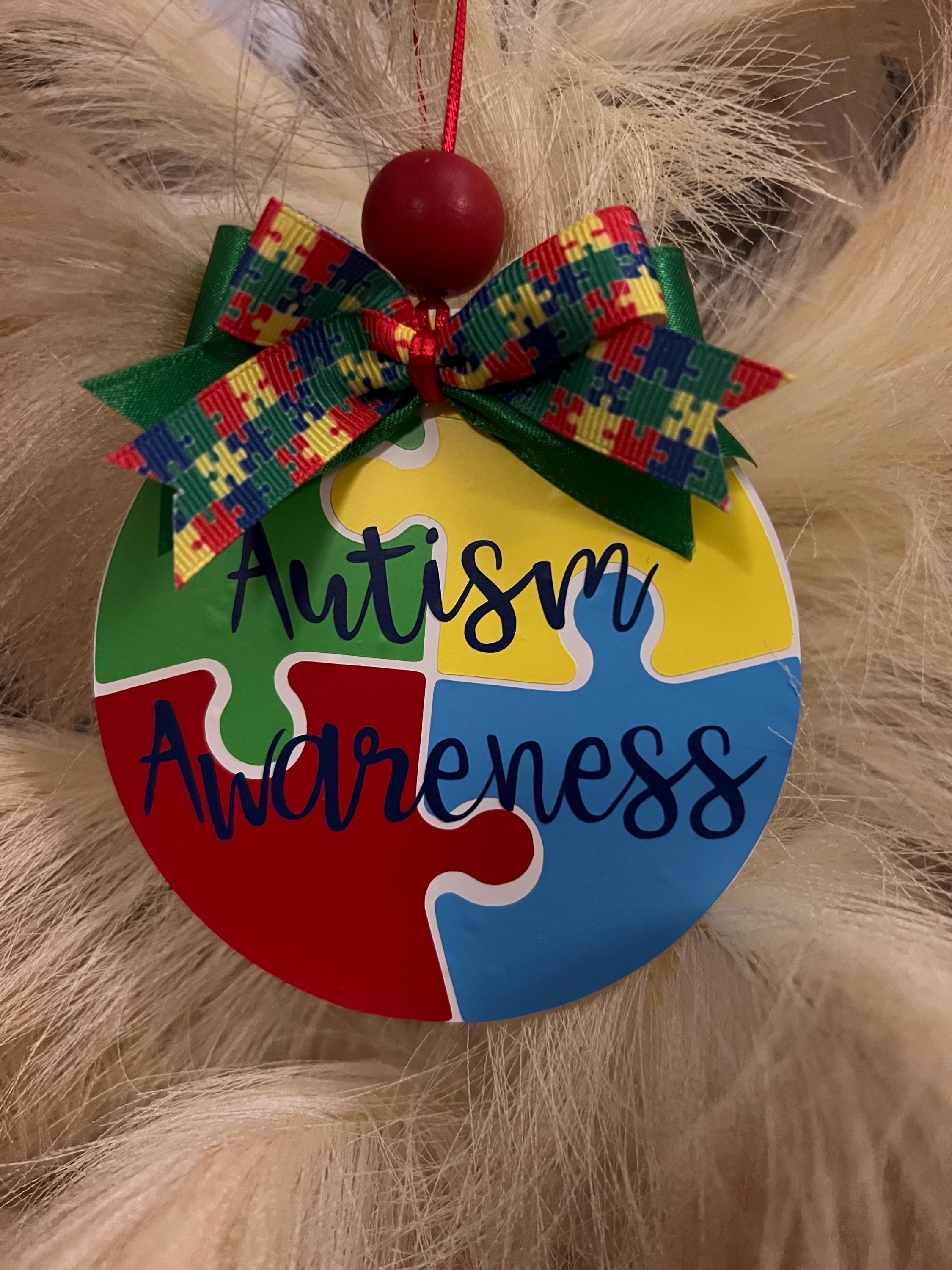 Autism Awareness Ornament: Handmade Puzzle Ribbon Bow, Acrylic ...