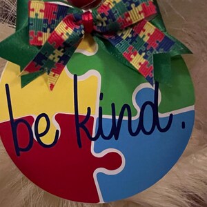 Autism Awareness Ornament: Handmade Puzzle Ribbon Bow, Acrylic ...