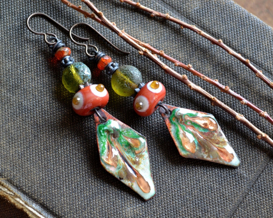 Artisan Enamel Earrings, Rustic Boho Dangle Earrings, Tribal Bohemian ...