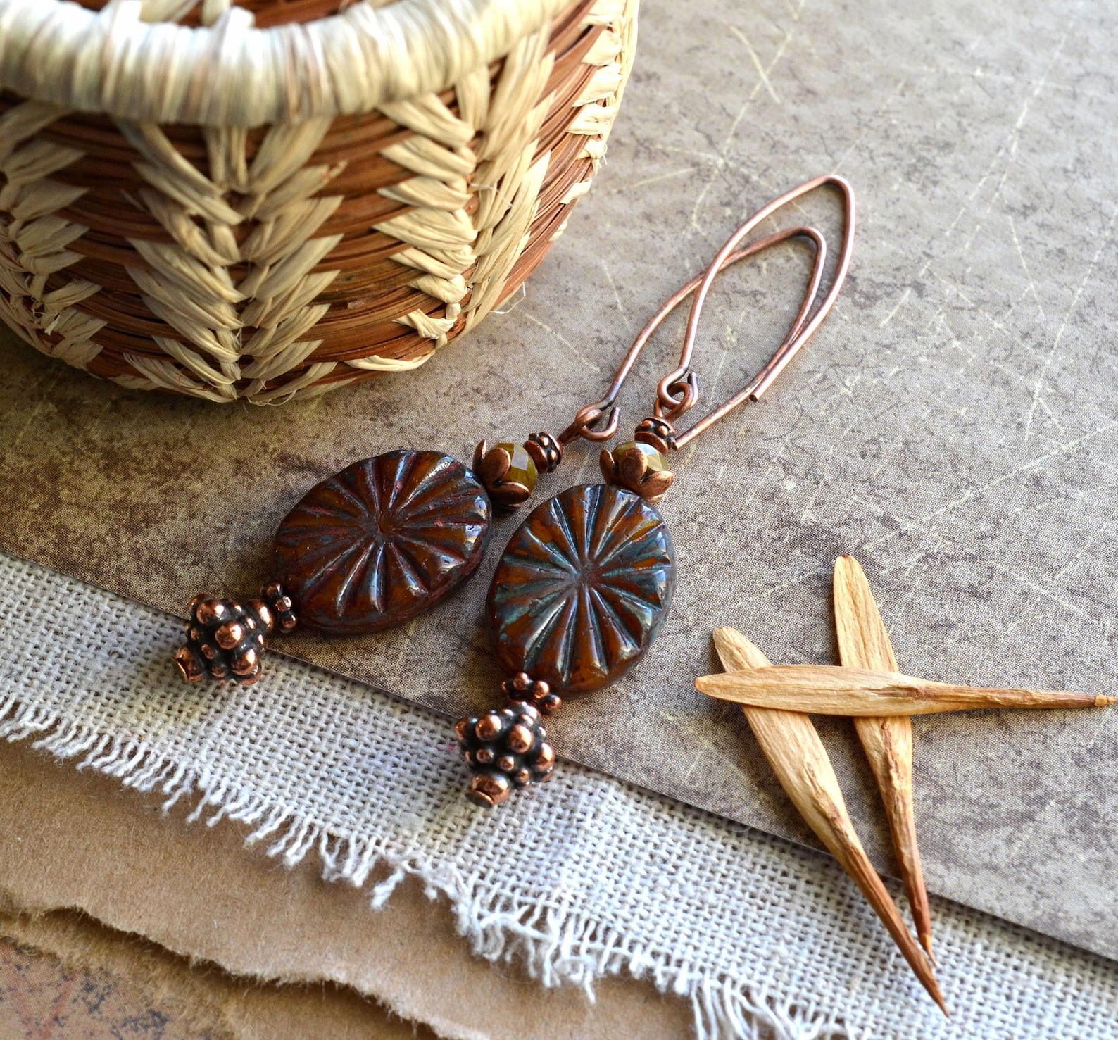 Earthy Glass & Copper Drop Earrings, Rustic Bead Dangle Drop Earrings ...