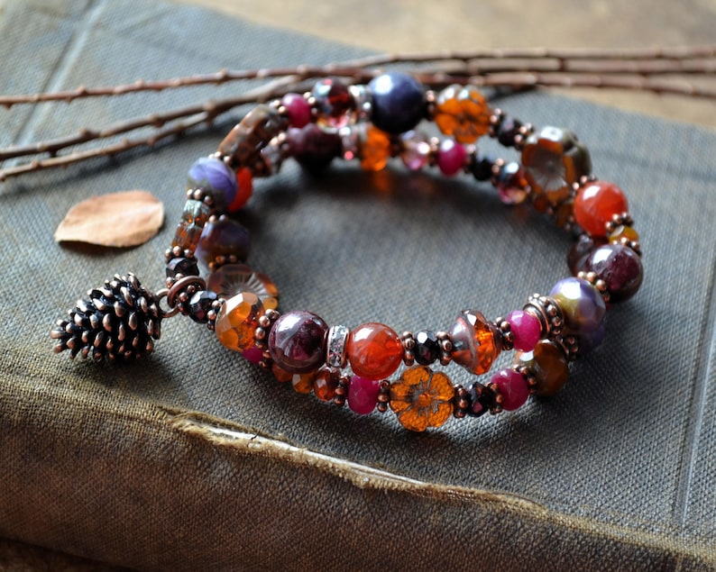 Rustic Glass and Stone Double Strand Stretch Bracelet - Etsy