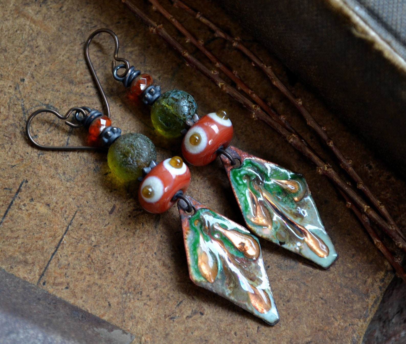 Artisan Enamel Earrings Rustic Boho Dangle Earrings Tribal - Etsy