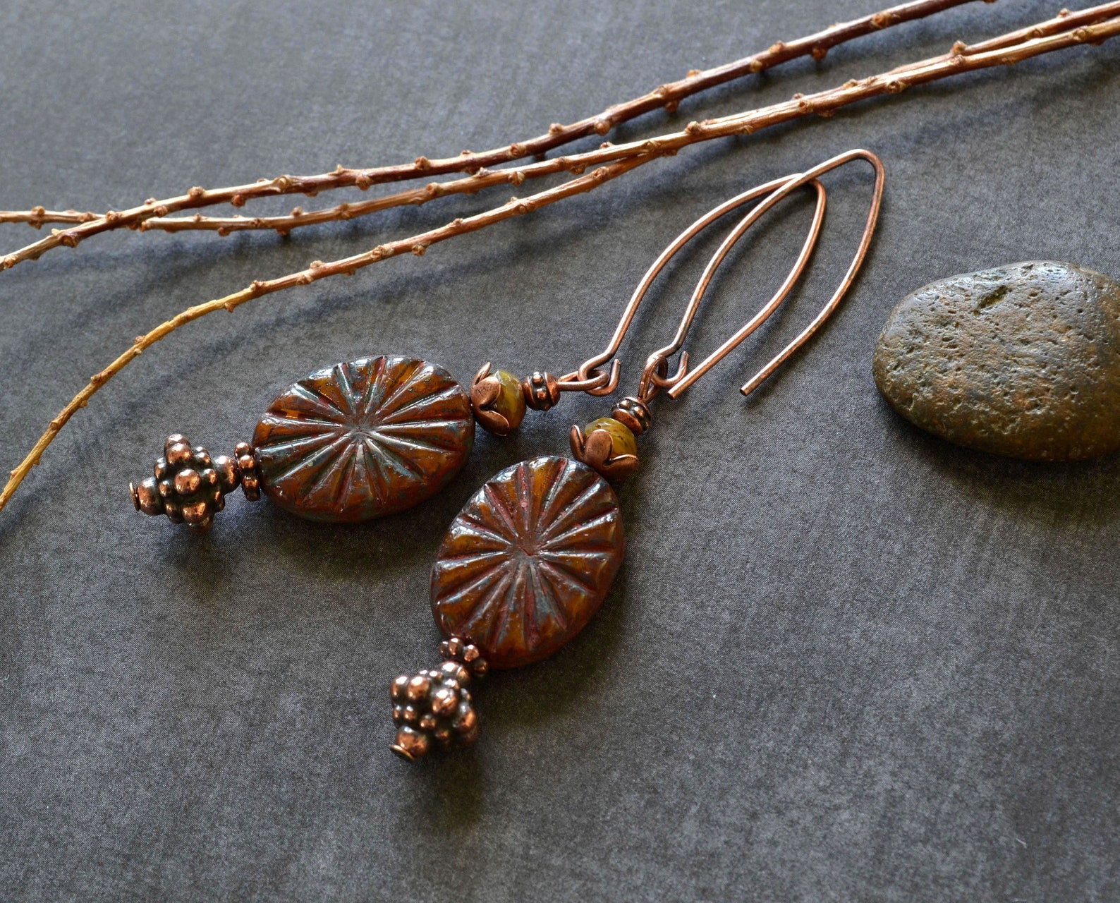 Earthy Glass & Copper Drop Earrings, Rustic Bead Dangle Drop Earrings ...