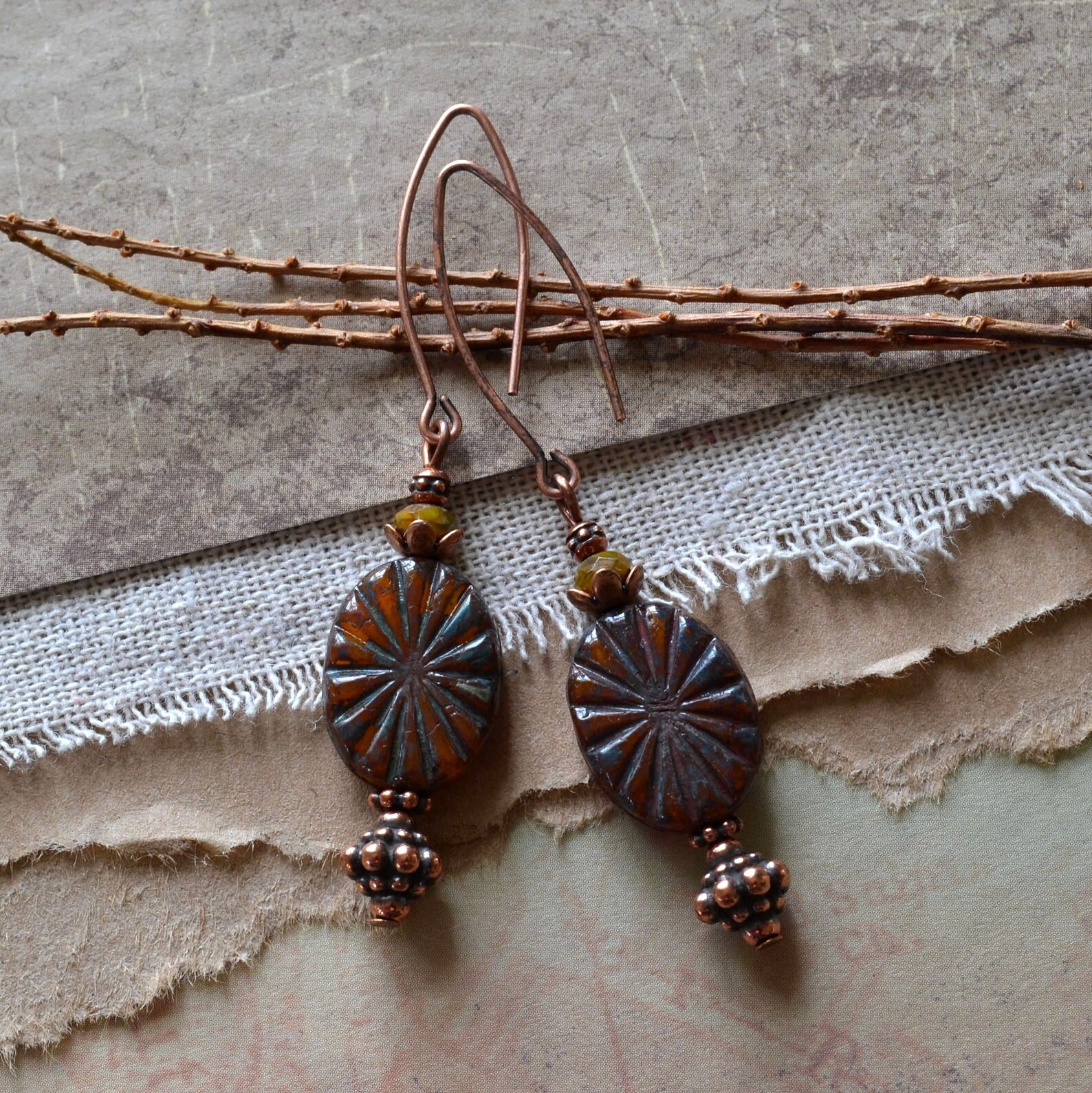 Earthy Glass & Copper Drop Earrings, Rustic Bead Dangle Drop Earrings ...