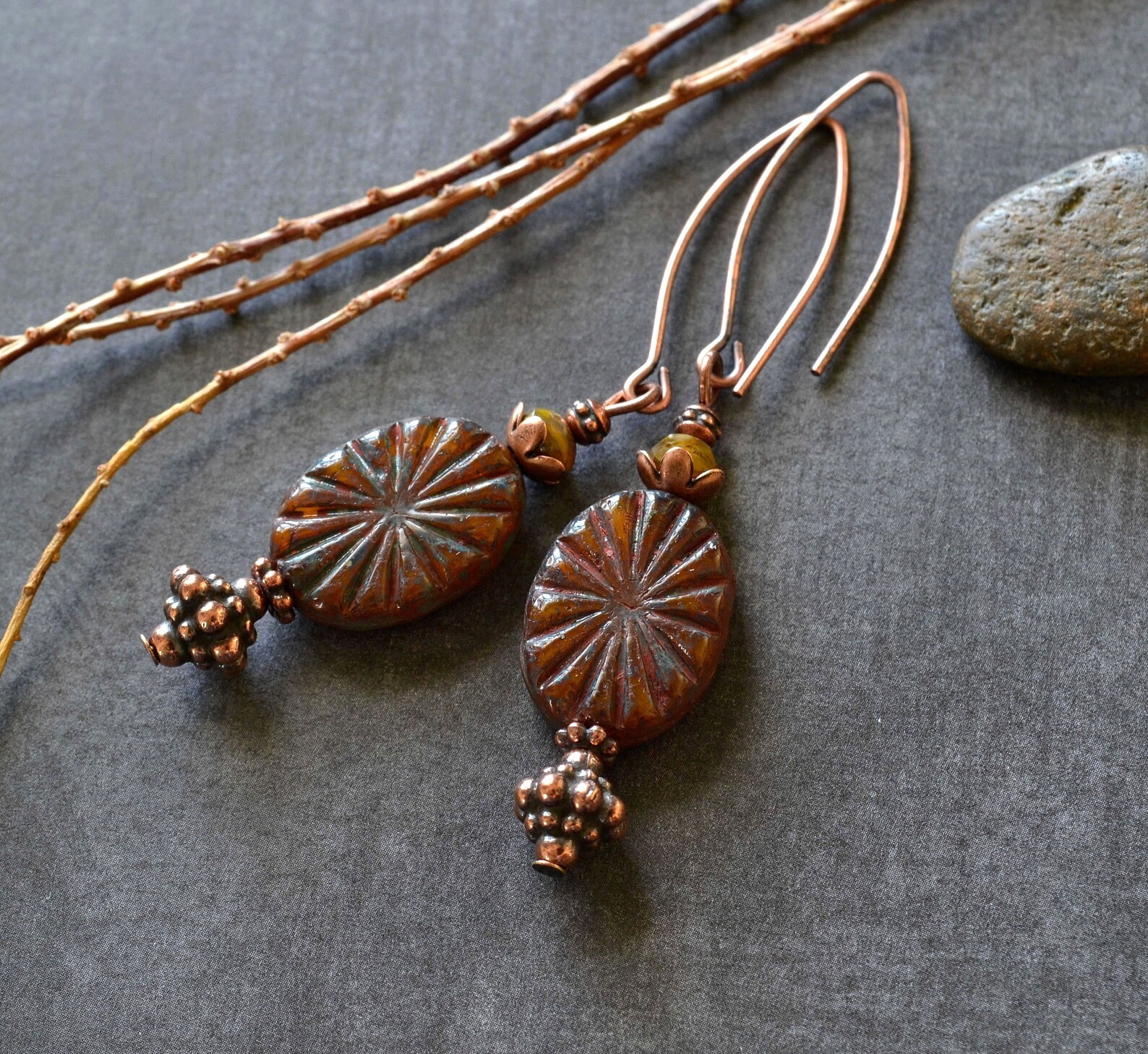 Earthy Glass & Copper Drop Earrings, Rustic Bead Dangle Drop Earrings ...