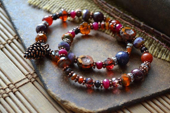 Rustic Glass and Stone Double Strand Stretch Bracelet - Etsy