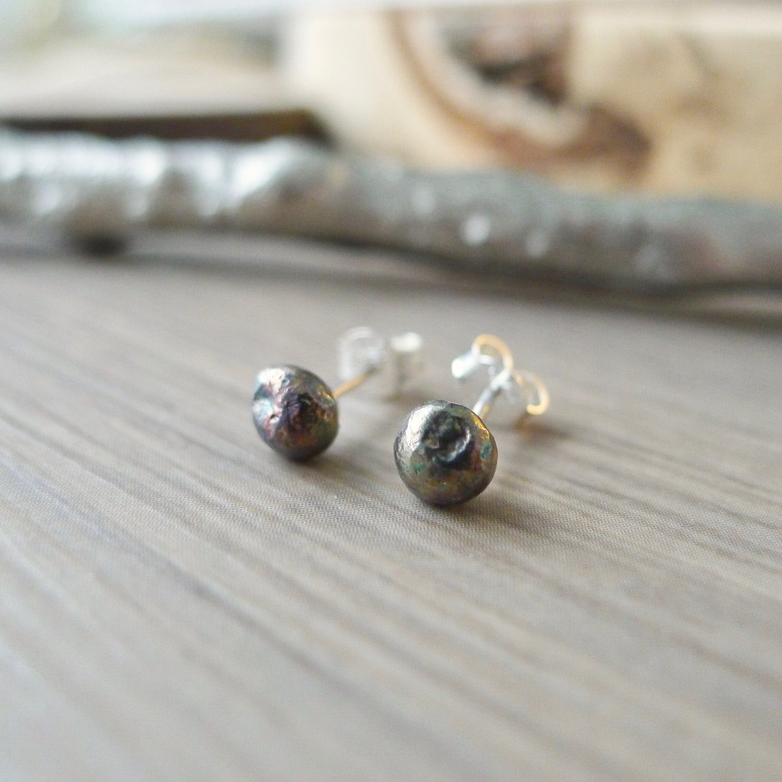 Pebble Studs Sterling Silver Moon Studs Black Pebble - Etsy