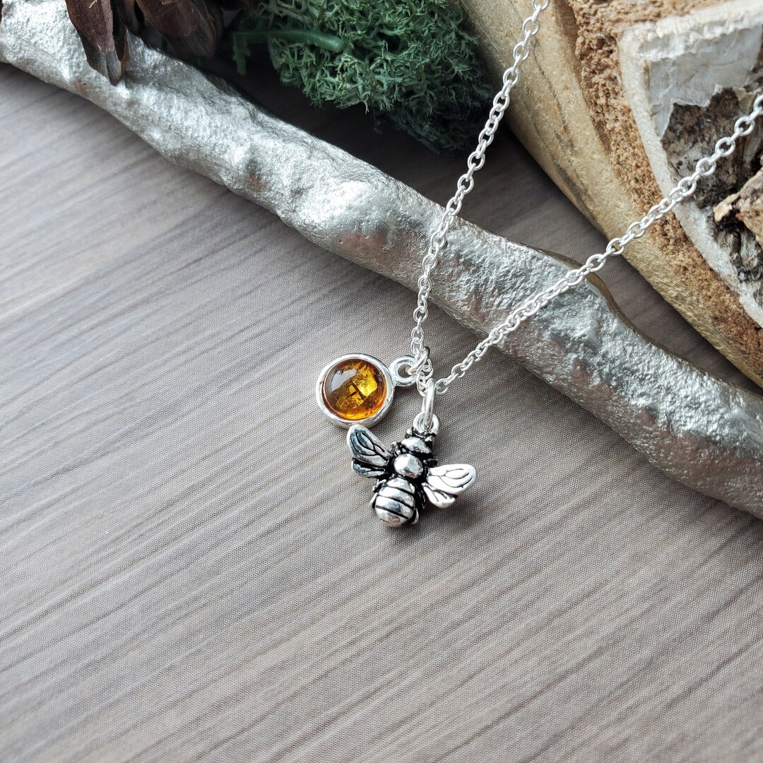 Bee Necklace, Sterling Silver, Amber, Honeycomb, Save the Bees, Honey ...