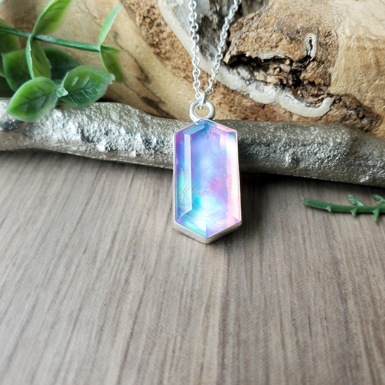 Opal Necklace, Sterling Silver, Pink Aura Opal, Modern Opal, Hexagon ...