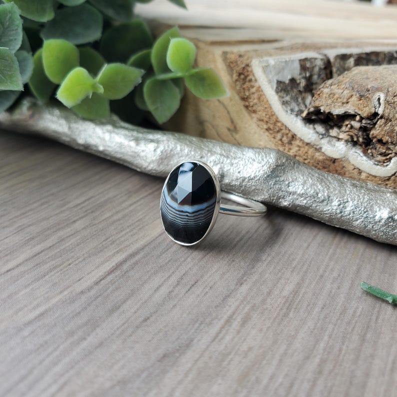 Anillo de ágata con bandas, plata de ley, ágata de Botsuana, negra ...