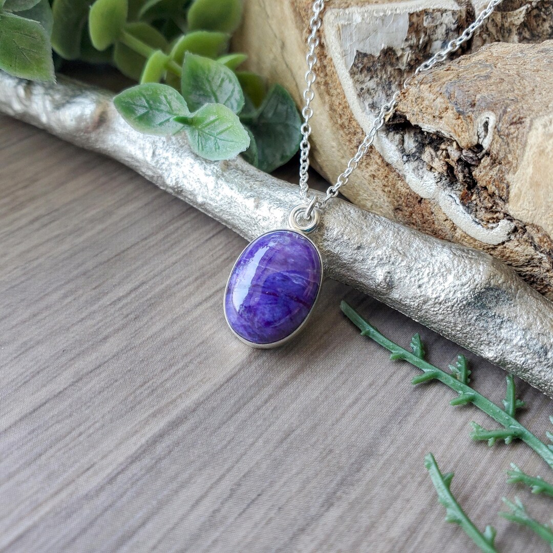 Charoite Necklace, Sterling Silver, Genuine Charoite, Purple Charoite, Purple Hexagon, Modern ...