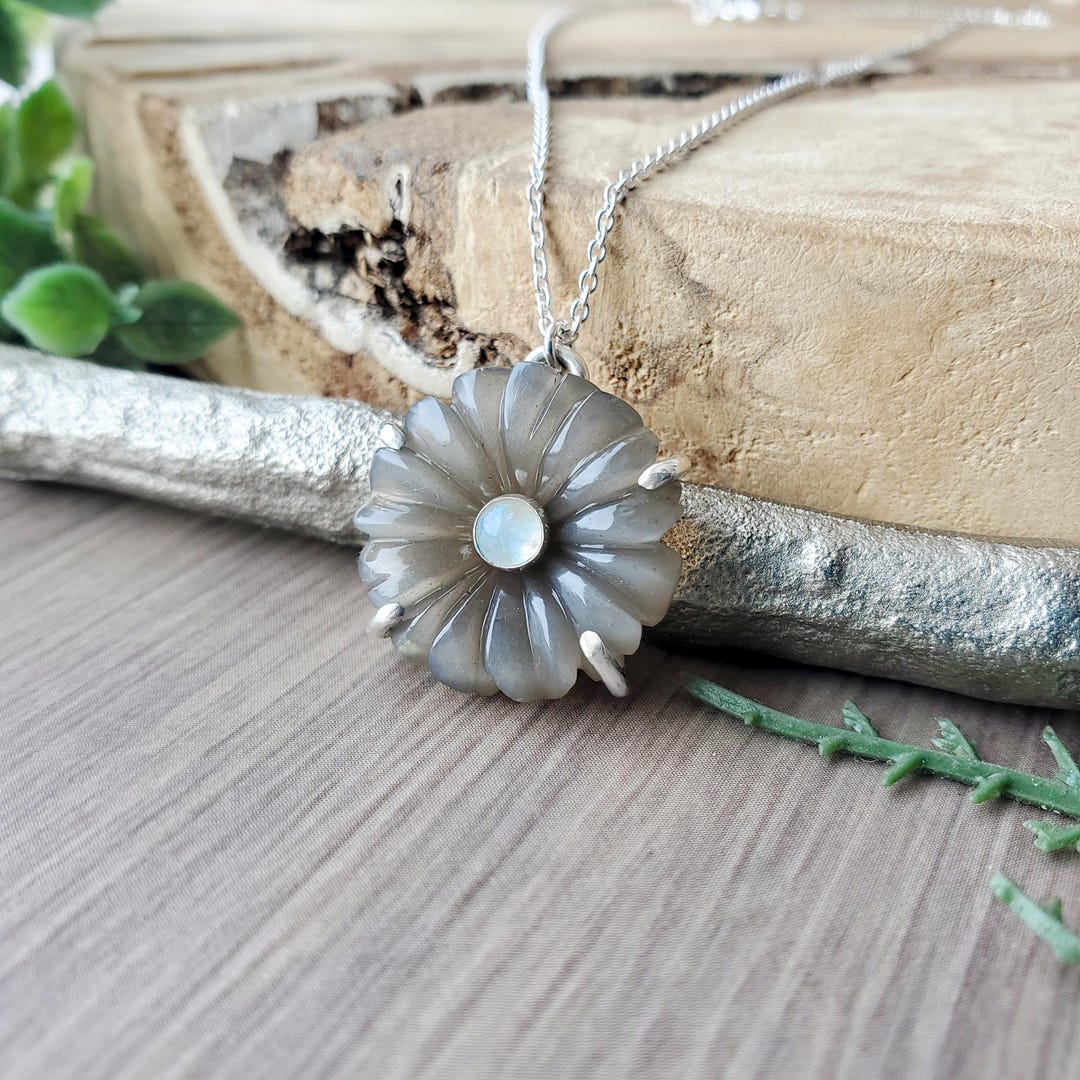 Moonstone Flower Necklace, Sterling Silver, Grey Moonstone, Carved ...
