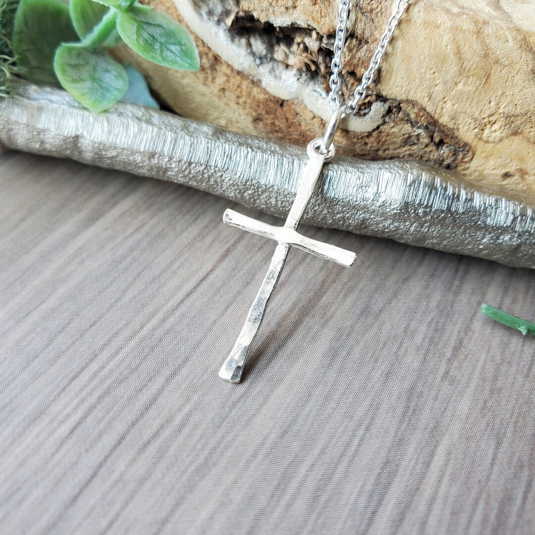 Large Cross Necklace, Sterling Silver, Rustic Cross, Hammered Cross ...