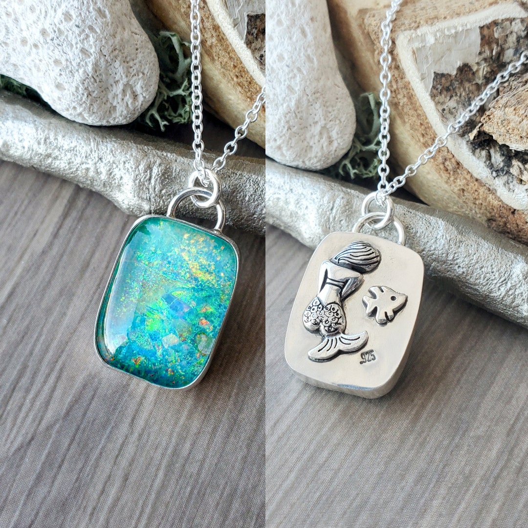 Opal Necklace, Sterling Silver, Blue Opal, Mermaid, Opal Mermaid ...