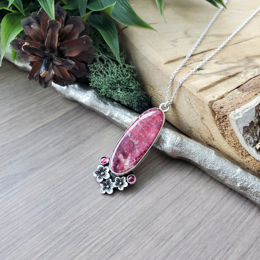 Thulite Necklace, Sterling Silver, Floral Necklace, Pink Floral Jewelry ...
