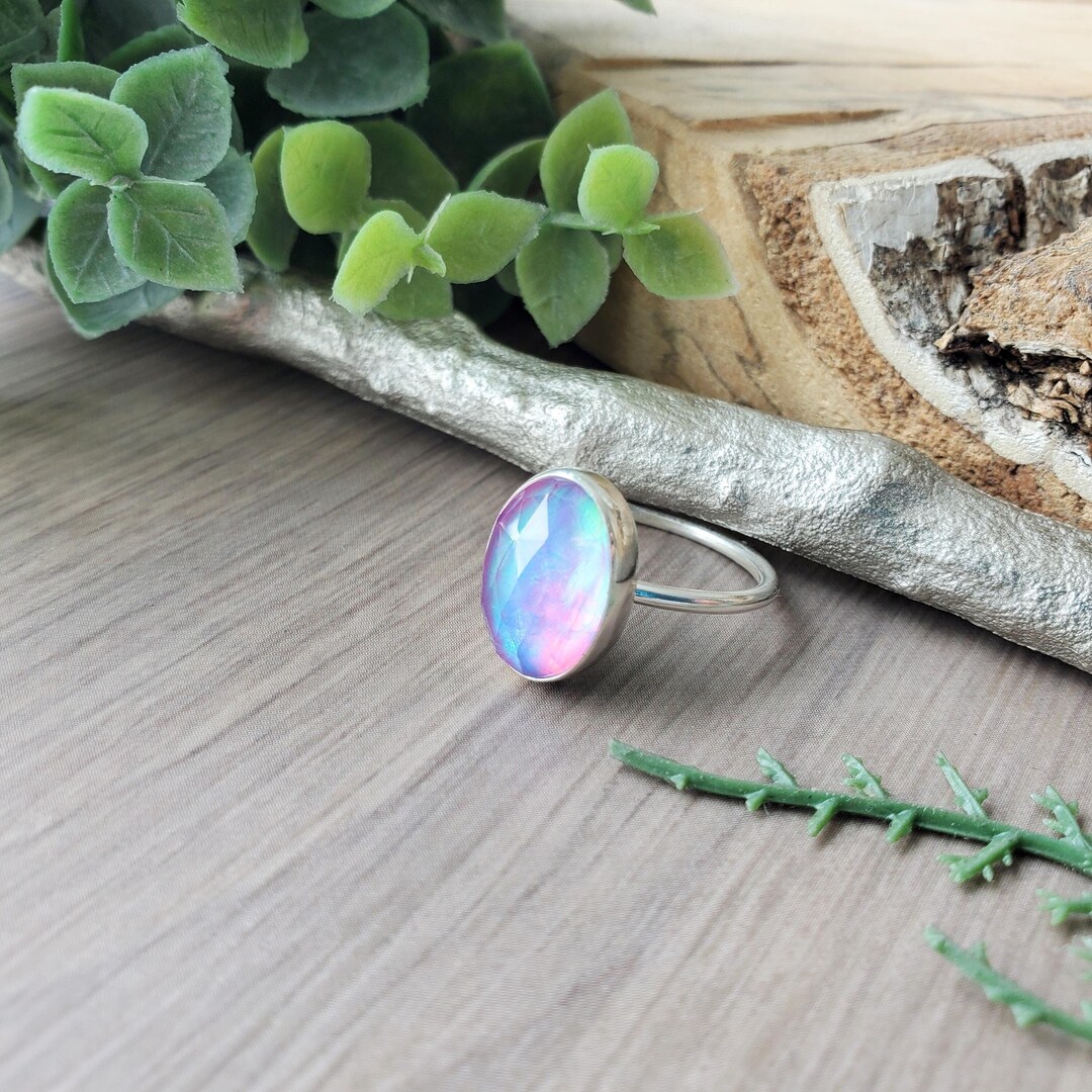 Opal Ring, Sterling Silver, Pink Aura Opal, Modern Opal, Oval Opal, October Jewelry, October ...