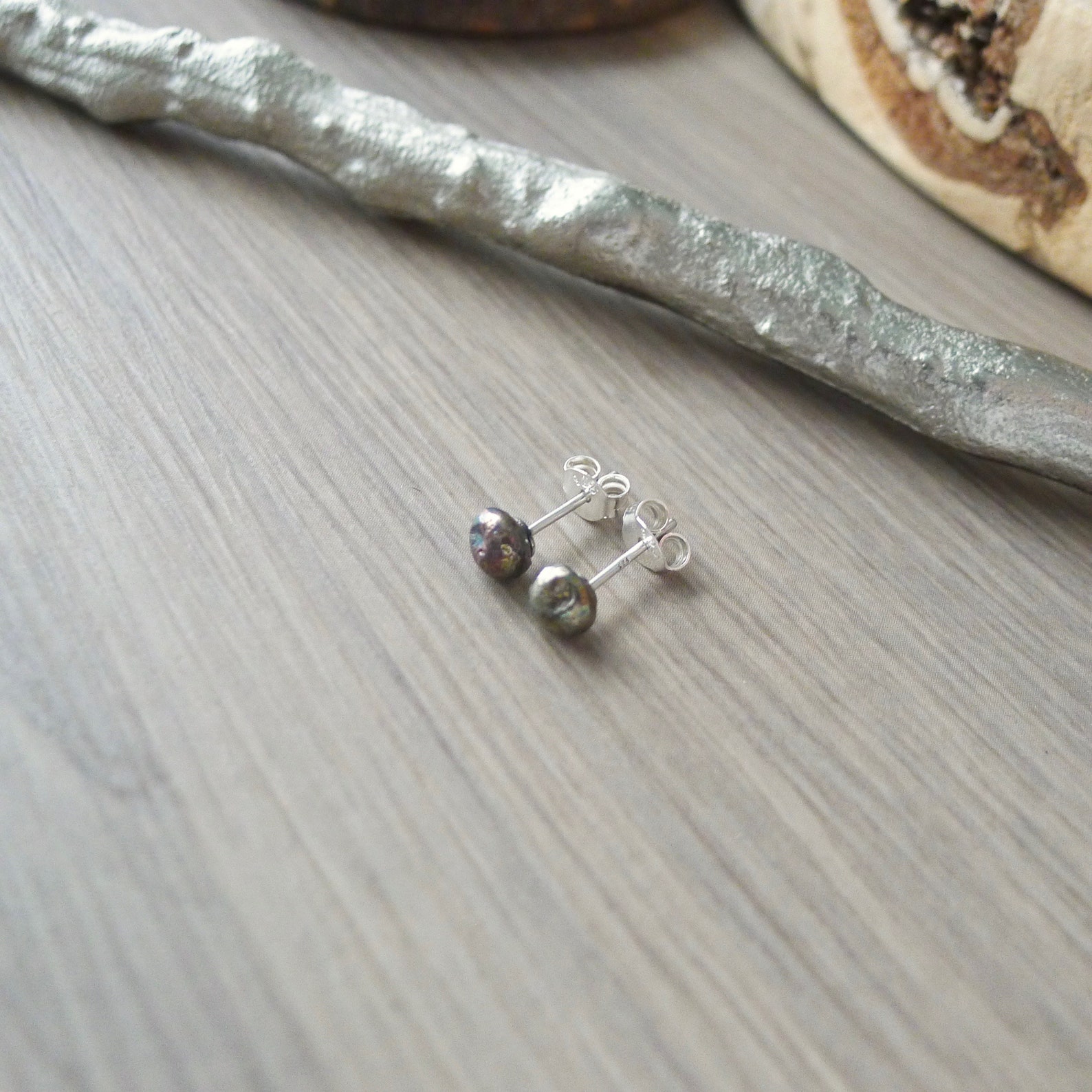 Pebble Studs Sterling Silver Moon Studs Black Pebble - Etsy