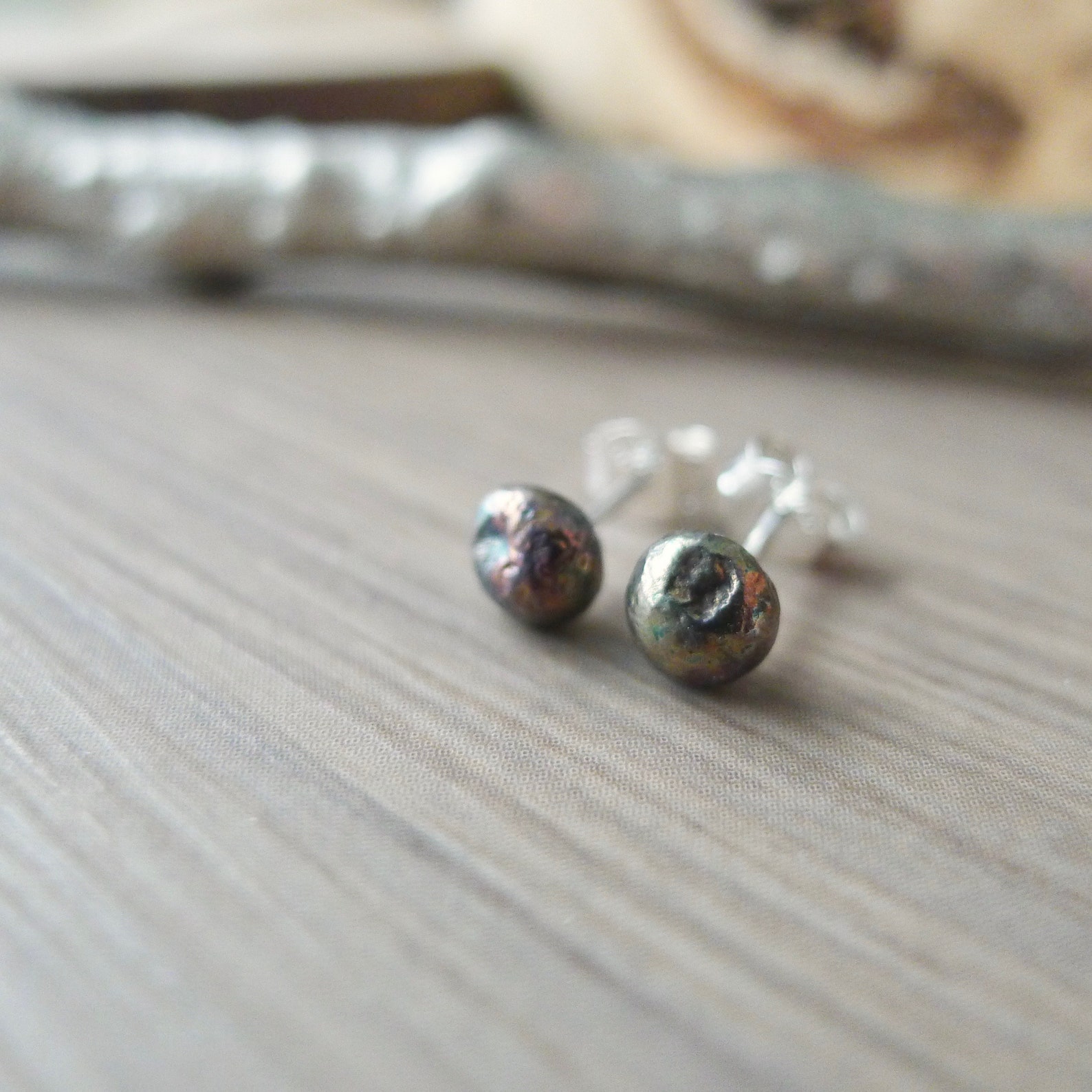 Pebble Studs Sterling Silver Moon Studs Black Pebble - Etsy