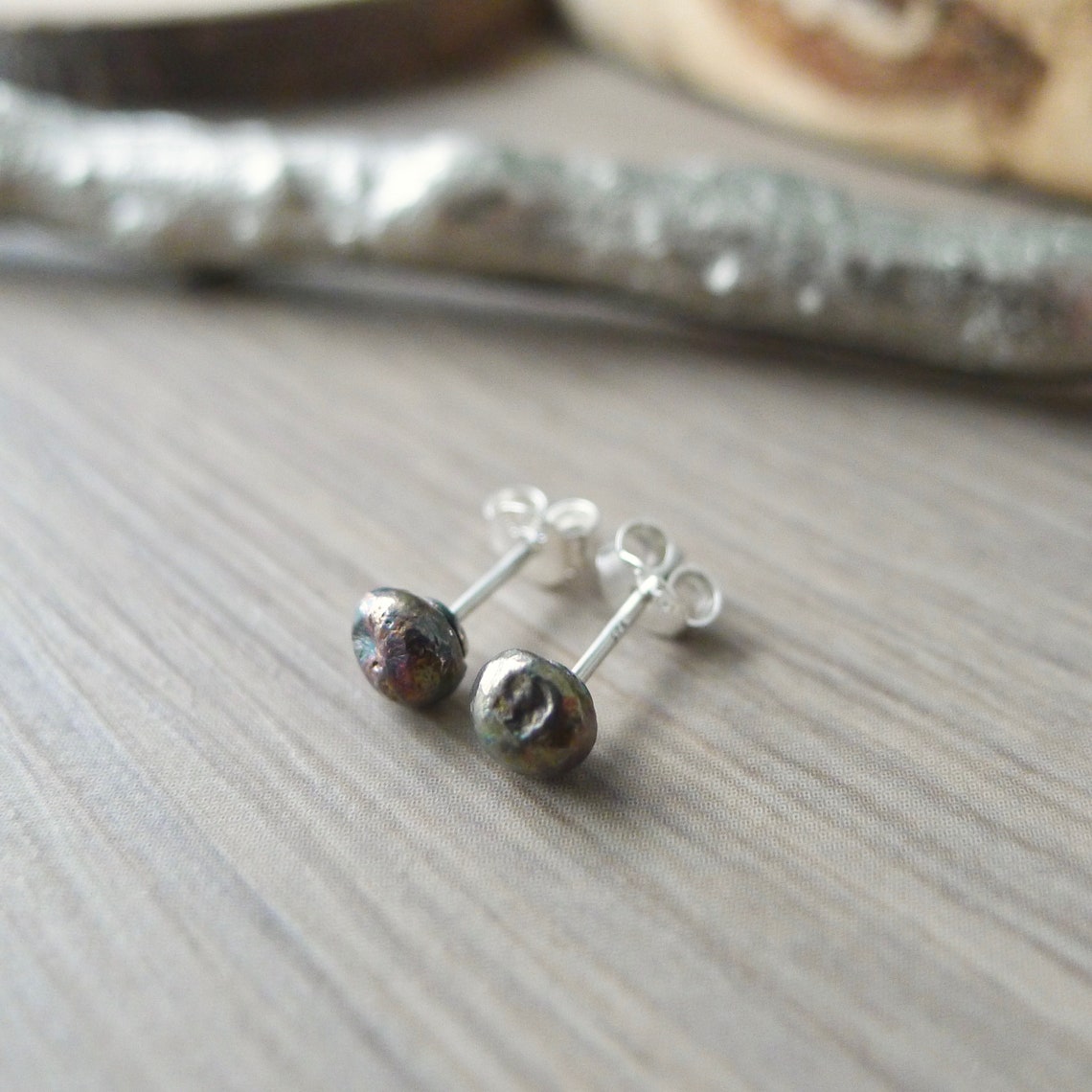 Pebble Studs Sterling Silver Moon Studs Black Pebble - Etsy