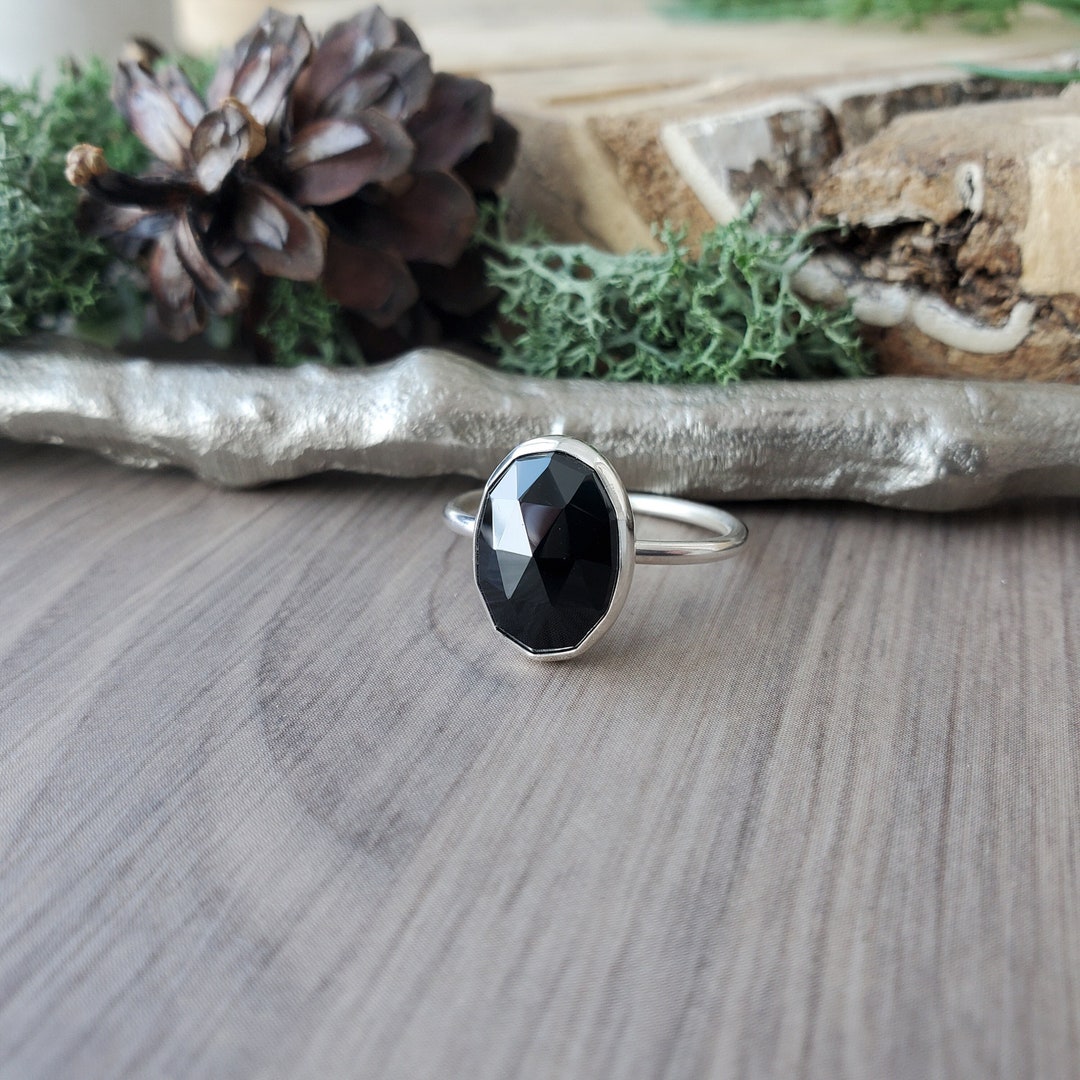 Black Spinel Ring, Minimalist Ring, Black Ring, Sterling Silver, Oval ...