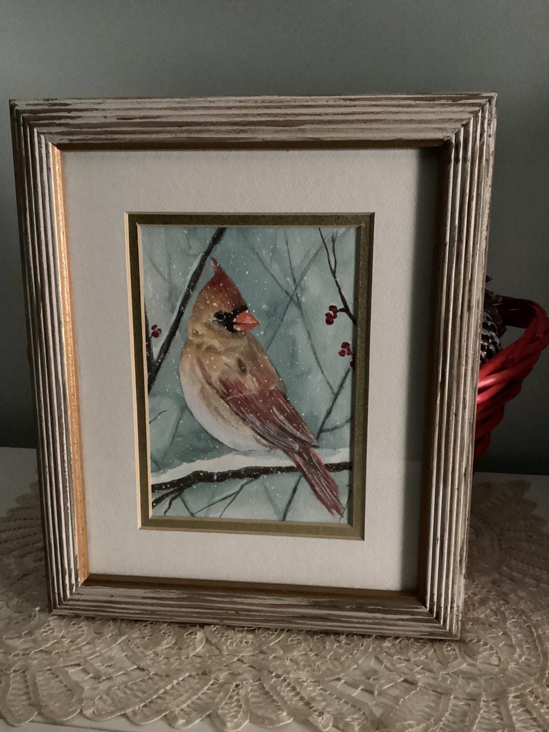 Framed Original Cardinal Watercolor, Painted Cardinal Snow Scene ...