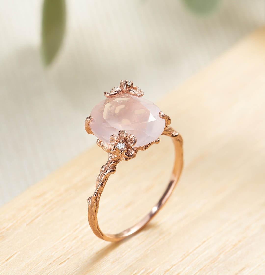 Floral Rose Quartz Rose Gold Ring, Rose Quartz Rings, Rose Gold Ring ...