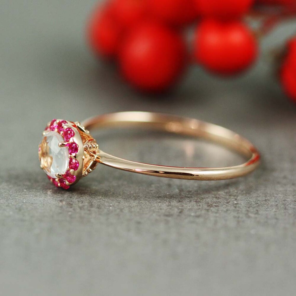 White Quartz and Ruby Flower Ring Rose Gold Ring Promise | Etsy