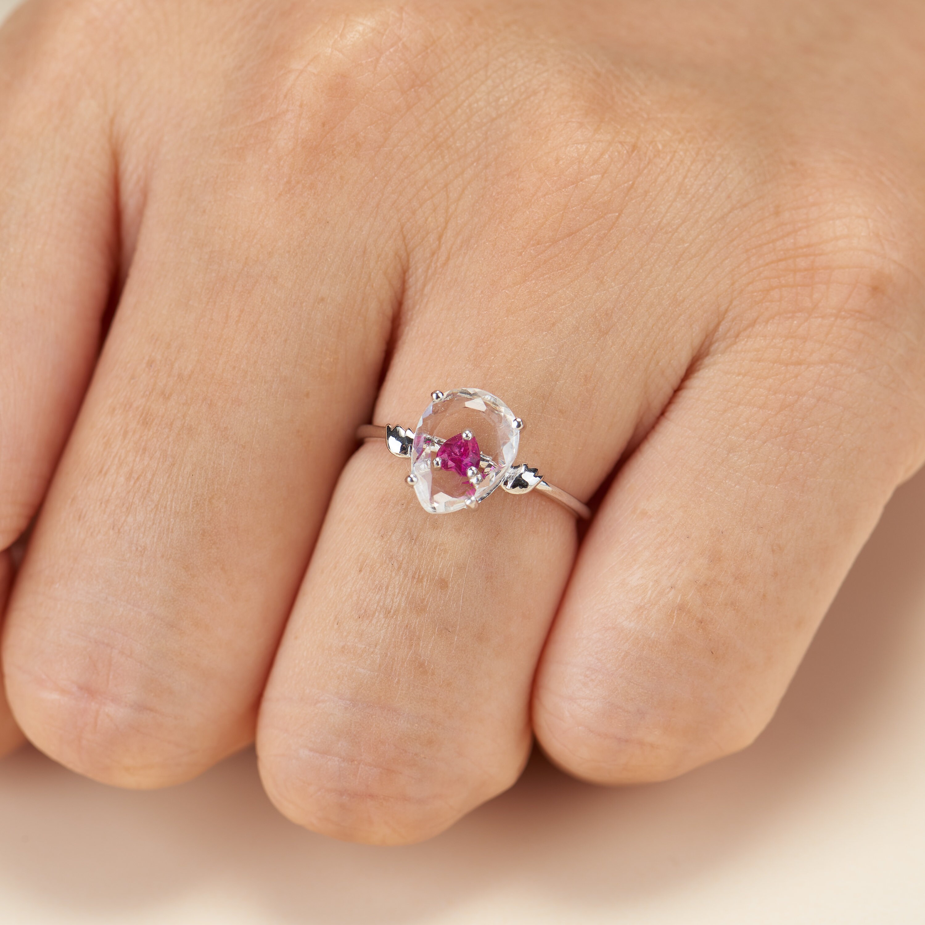 White Quartz and Ruby Heart Ring - Etsy