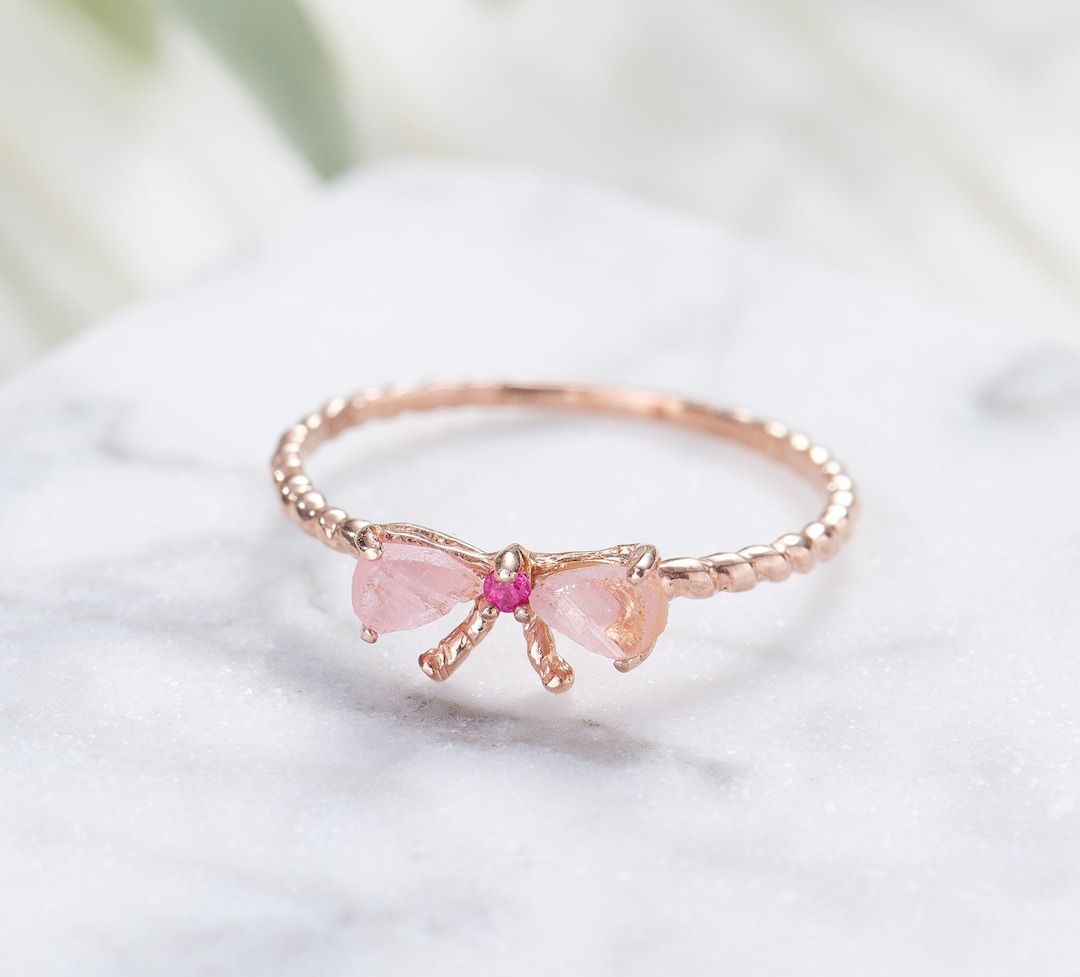Pink Tourmaline and Ruby Bow Ring, Tourmaline Rings, Promise Ring, Friendship Ring, - Etsy