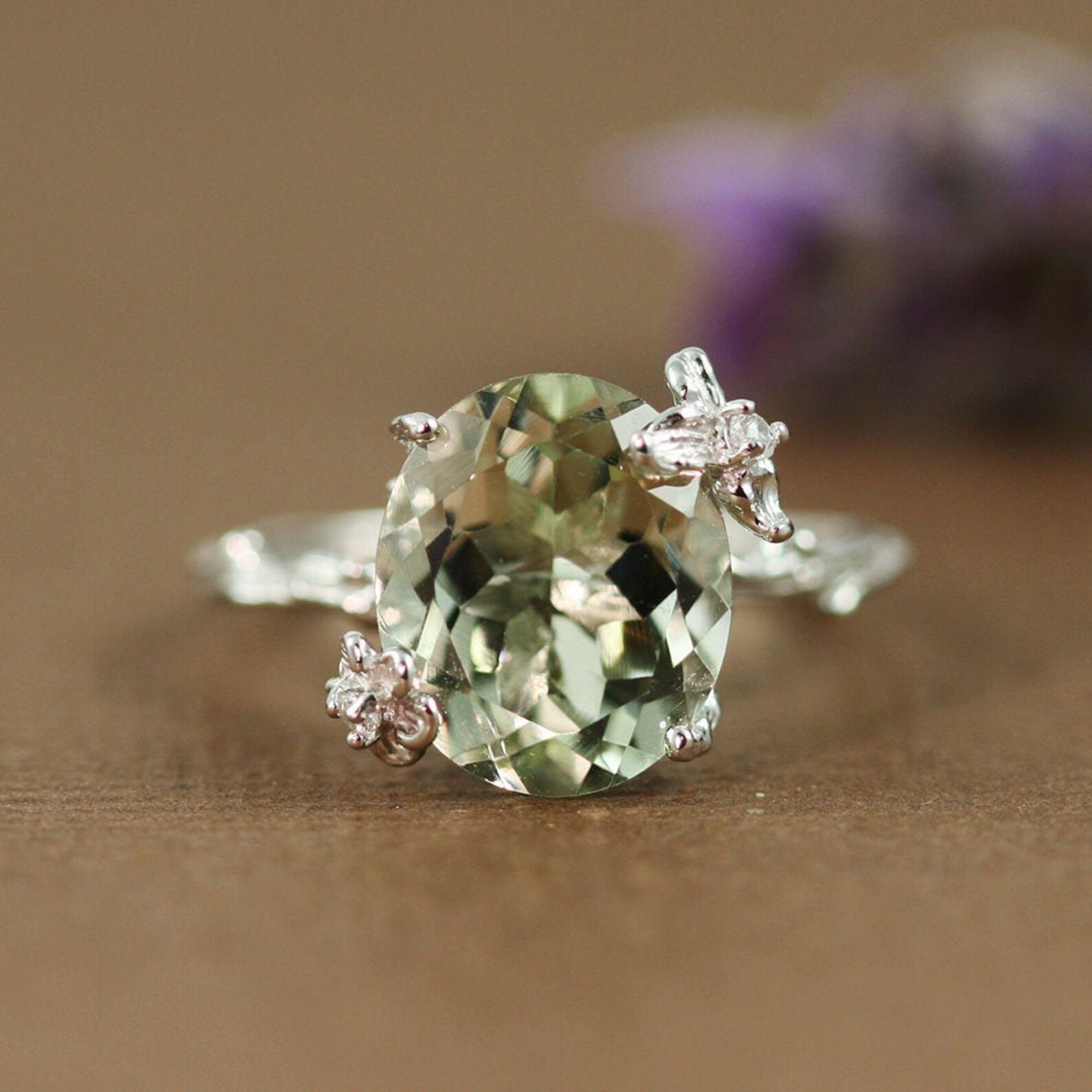 Green Amethyst Ring Sterling Silver Ring Floral Ring - Etsy
