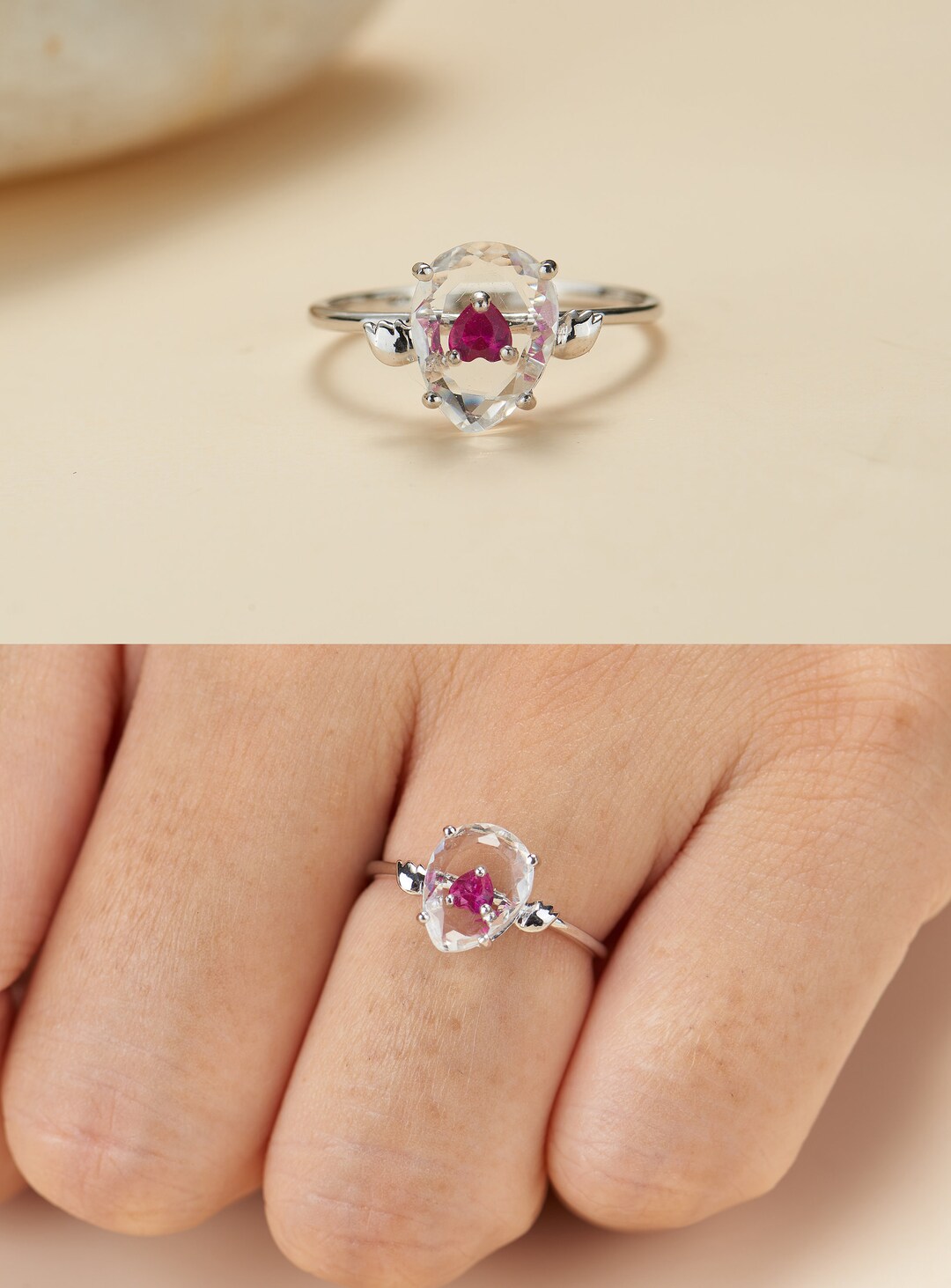 White Quartz and Ruby Heart Ring - Etsy