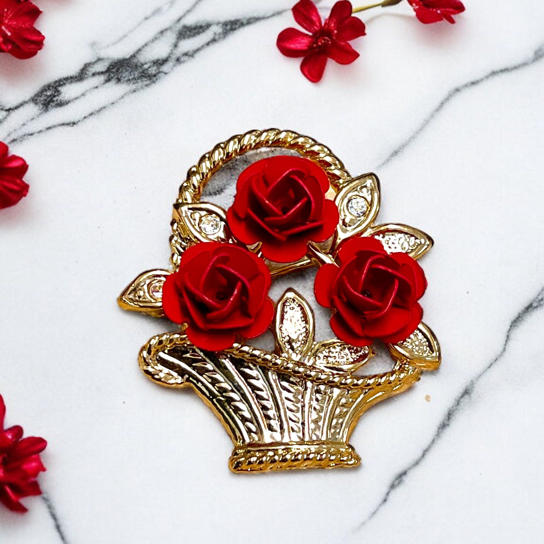 Vintage Red Roses Brooch / Pin 1960s Basket of Enamelled Roses ...