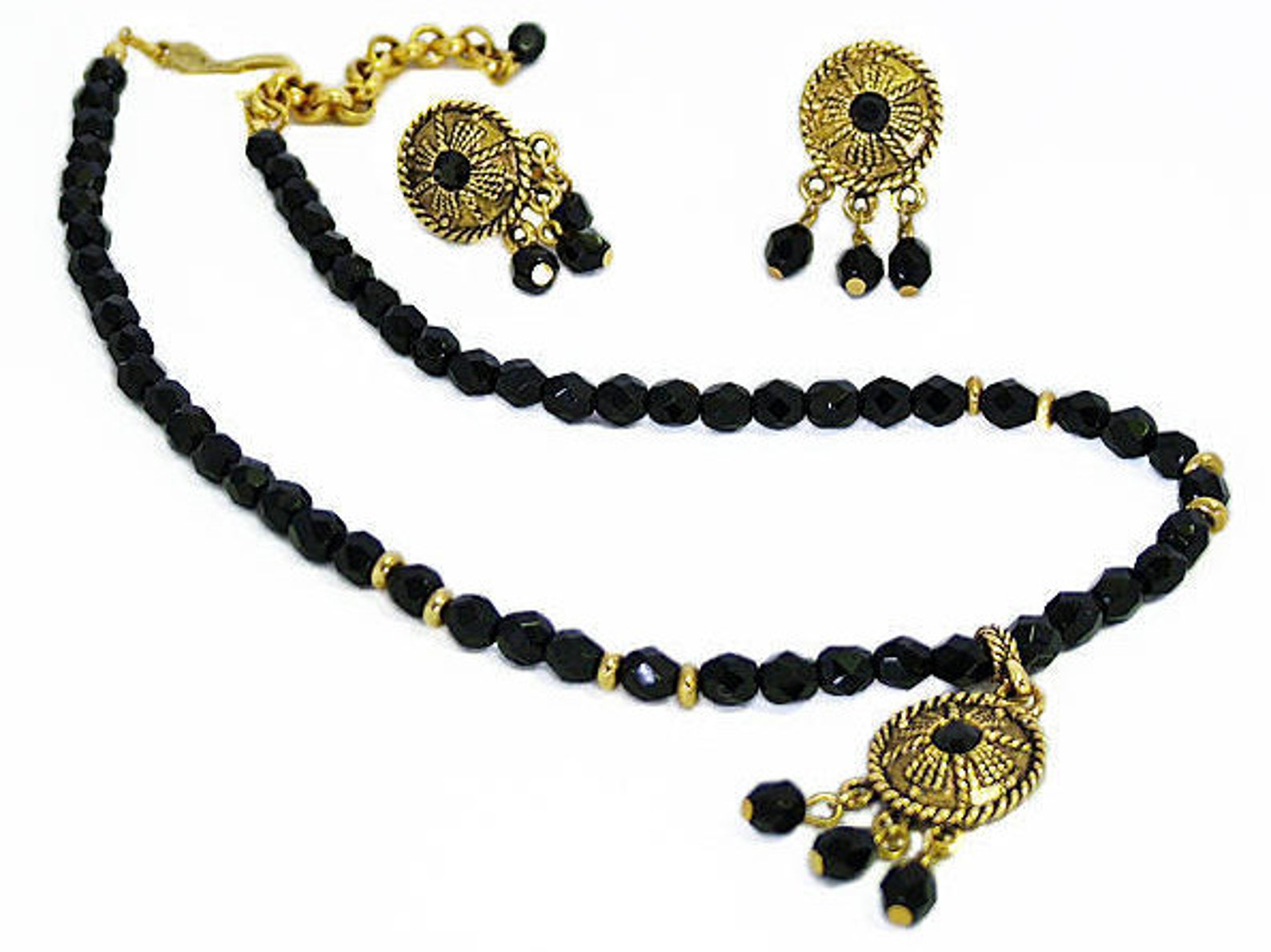 Vintage Napier Pendant Necklace Dangle Clip on Earrings French Jet Gold ...