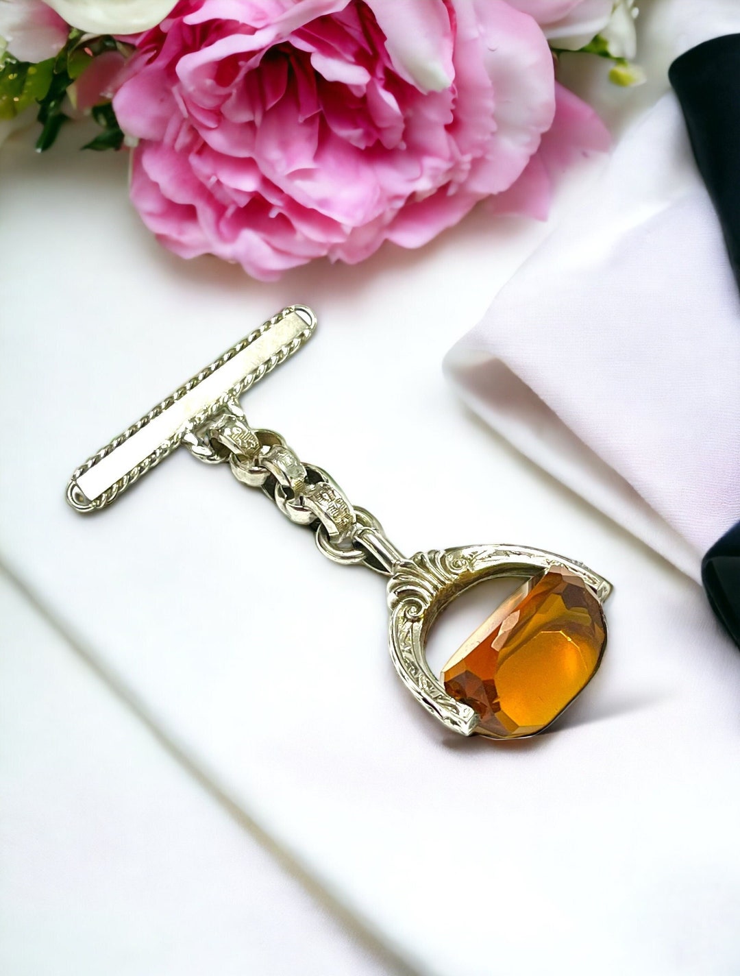 Victorian Silver Brooch / Pin Embossed Chain With Citrine Swivel Fob ...