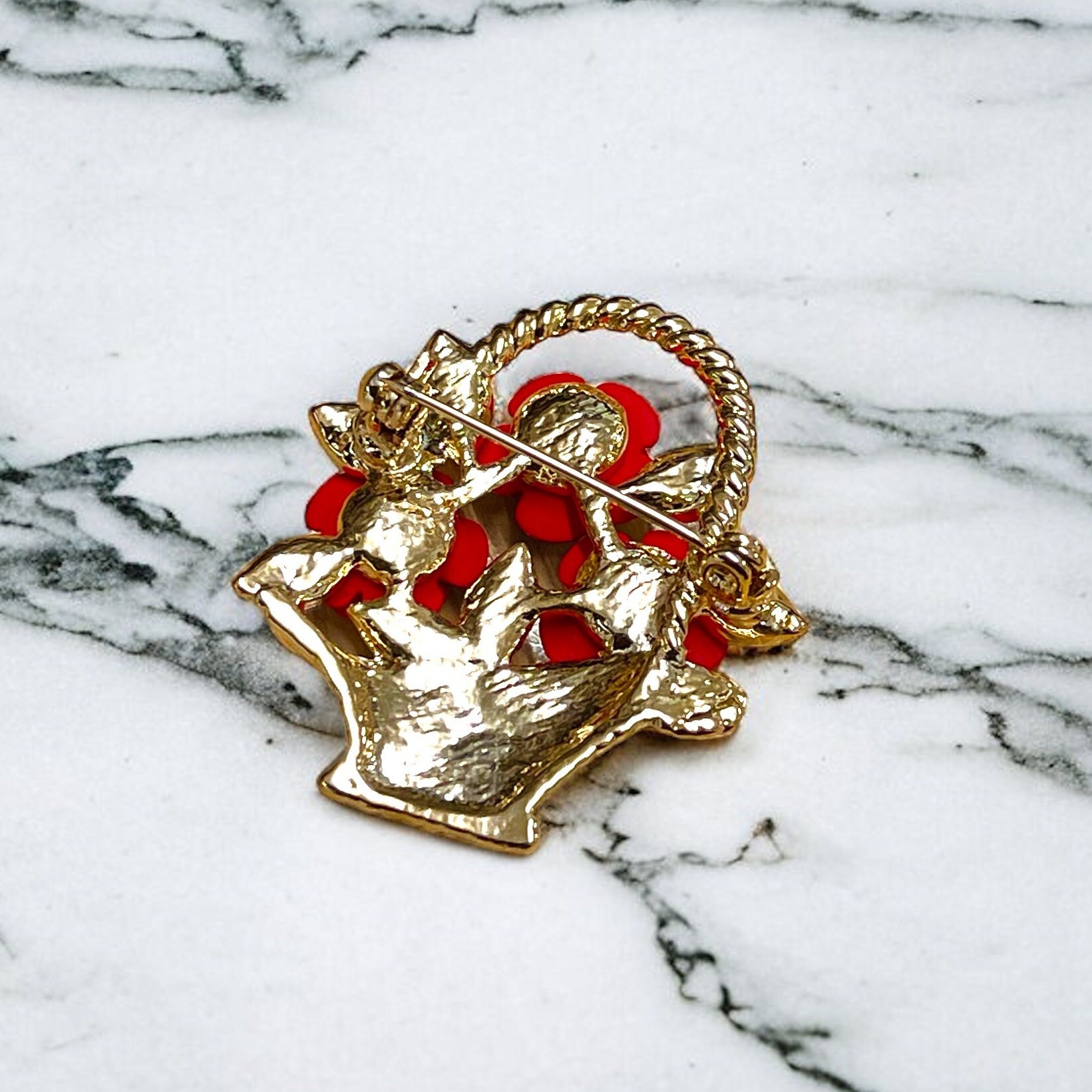 Vintage Red Roses Brooch / Pin 1960s Basket of Enamelled Roses ...