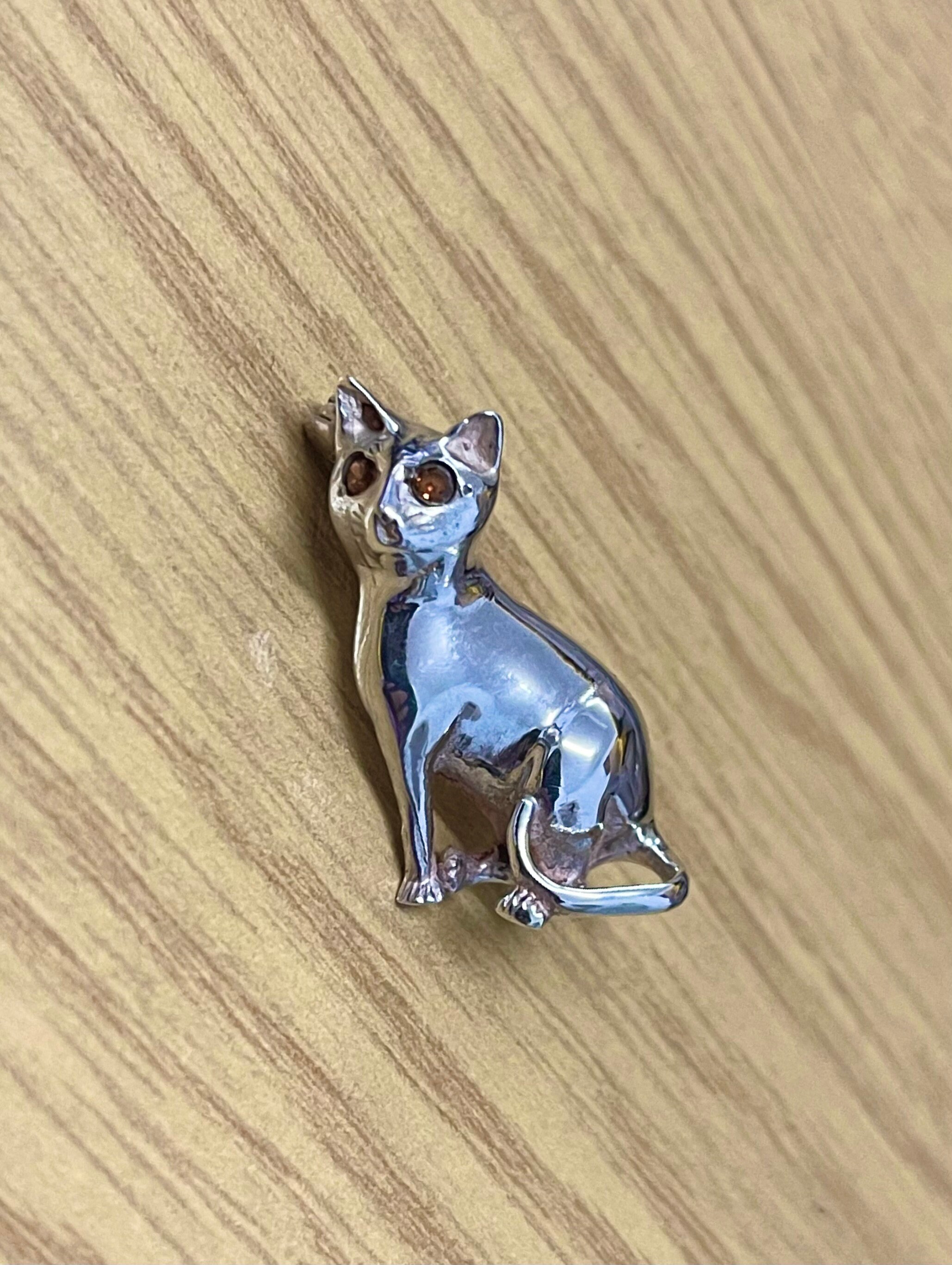 Vintage Silver Cat Brooch / Pin 925 Sterling 3D Detail With Red Garnet ...