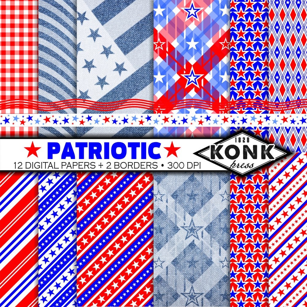 12 Patriotic Digital Scrapbook Papers and 2 Borders, JPG, 300 Dpi ...