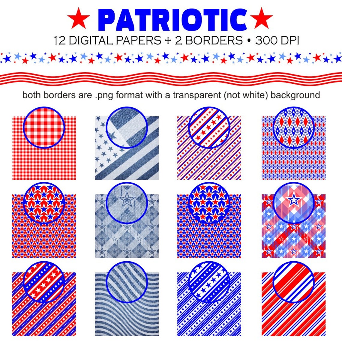 12 Patriotic Digital Scrapbook Papers and 2 Borders, JPG, 300 Dpi ...