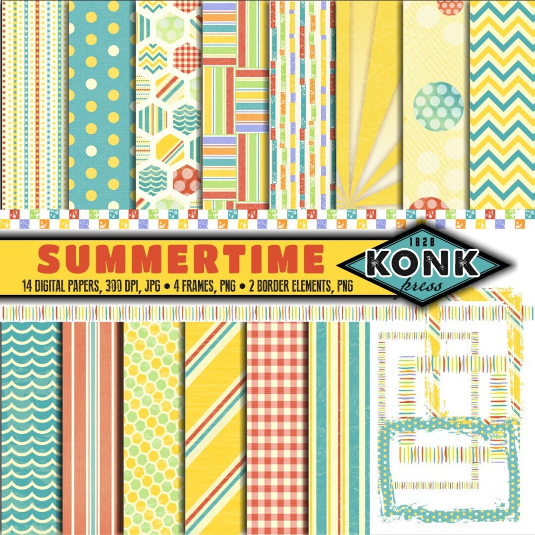 Summertime Digital Paper Pack - 14 Papers, 4 Frames & 2 Border Line ...