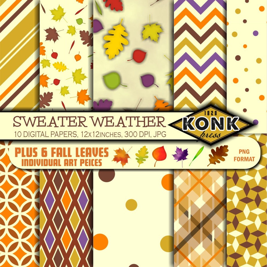 10 Digital Papers for Fall Autumn PLUS 6 Leaf Art Elements, JPG & PNG ...