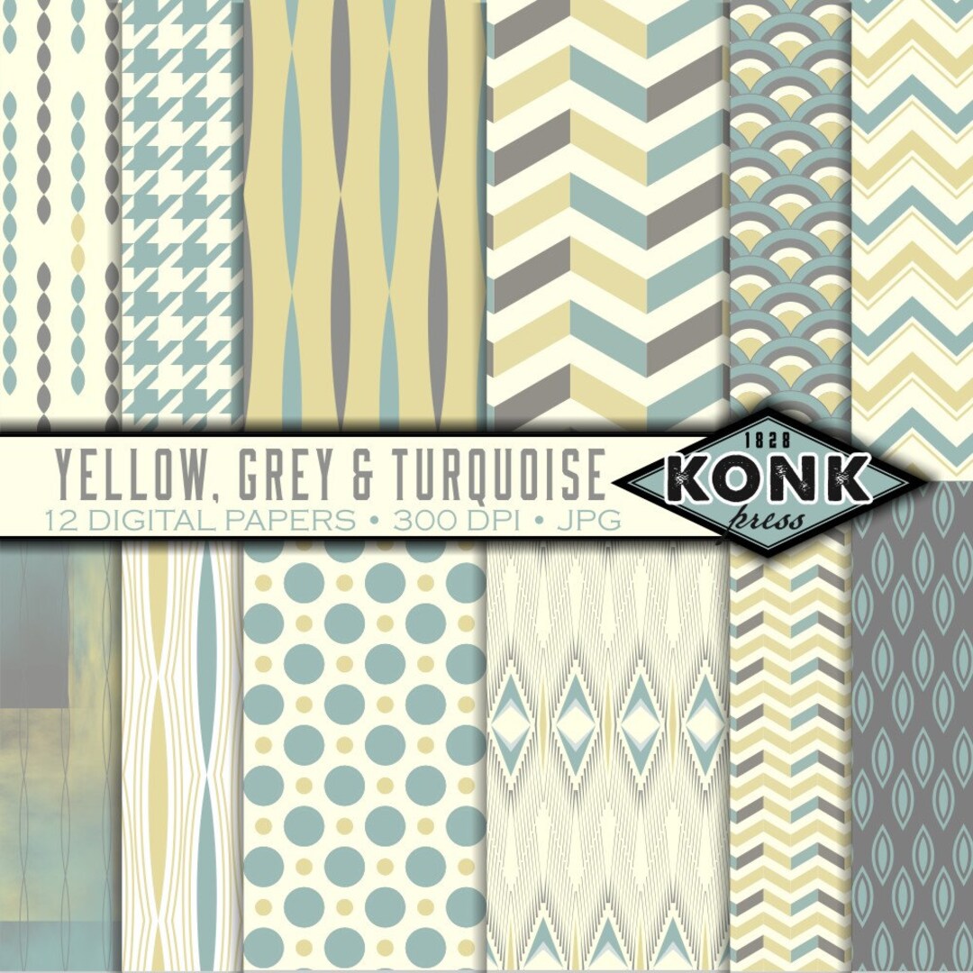 Digital Scrapbook Paper in Yellow, Gray & Turquoise Aqua - 12 Papers ...
