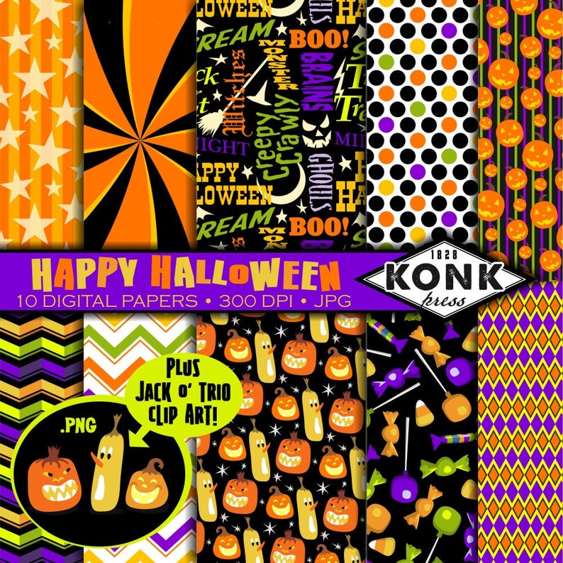 10 Digital Happy Halloween Papers Plus Clipart Colorful, Fun Designs ...