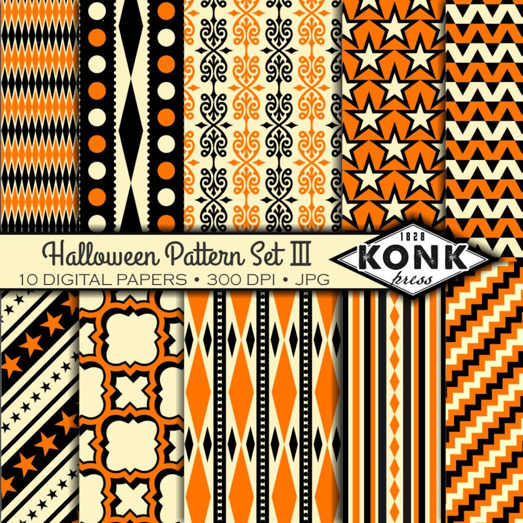 10 Digital Halloween Papers in Black, Orange & Cream, JPG, 300 Dpi ...