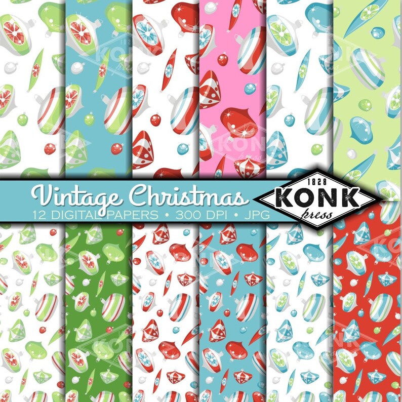 12 Digital Scrapbook Papers Vintage Christmas Ornaments, Mid-century ...